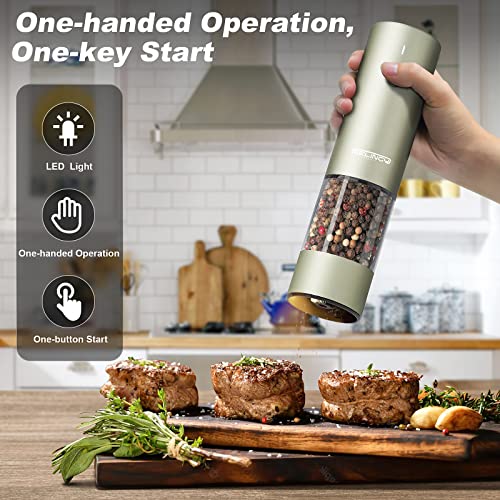 Electric Salt and Pepper Grinder Set - USB Rechargeable, Upgraded Capacity, Automatic One Hand Operation Salt and Pepper Mill Set with Led Light & Adjustable Coarseness Refillable - Sage