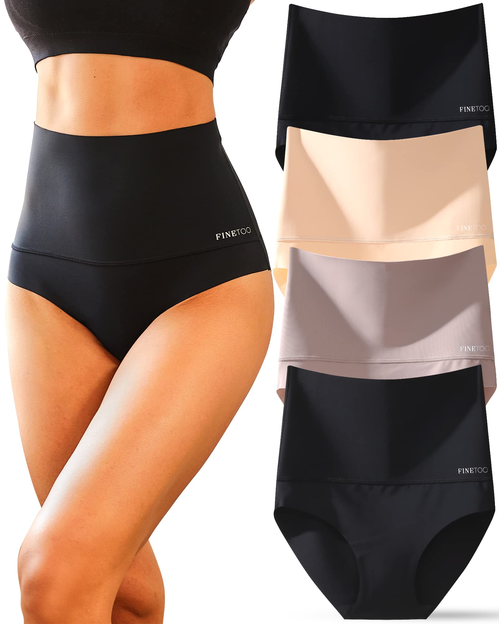 FINETOO Tummy Control Underwear for Women High Waisted Nylon Brief No Show Womens Bikini Seamless Panties 4pack S-XXXL
