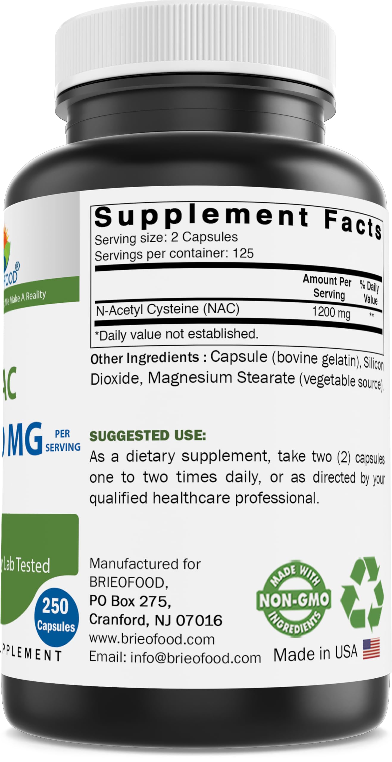 Brieofood NAC Supplement N-Acetyl Cysteine 1200 mg per Serving 250 Capsules - Immune Support Supplement
