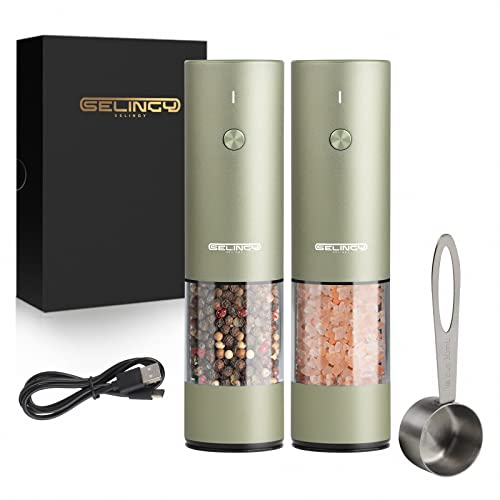 Electric Salt and Pepper Grinder Set - USB Rechargeable, Upgraded Capacity, Automatic One Hand Operation Salt and Pepper Mill Set with Led Light & Adjustable Coarseness Refillable - Sage