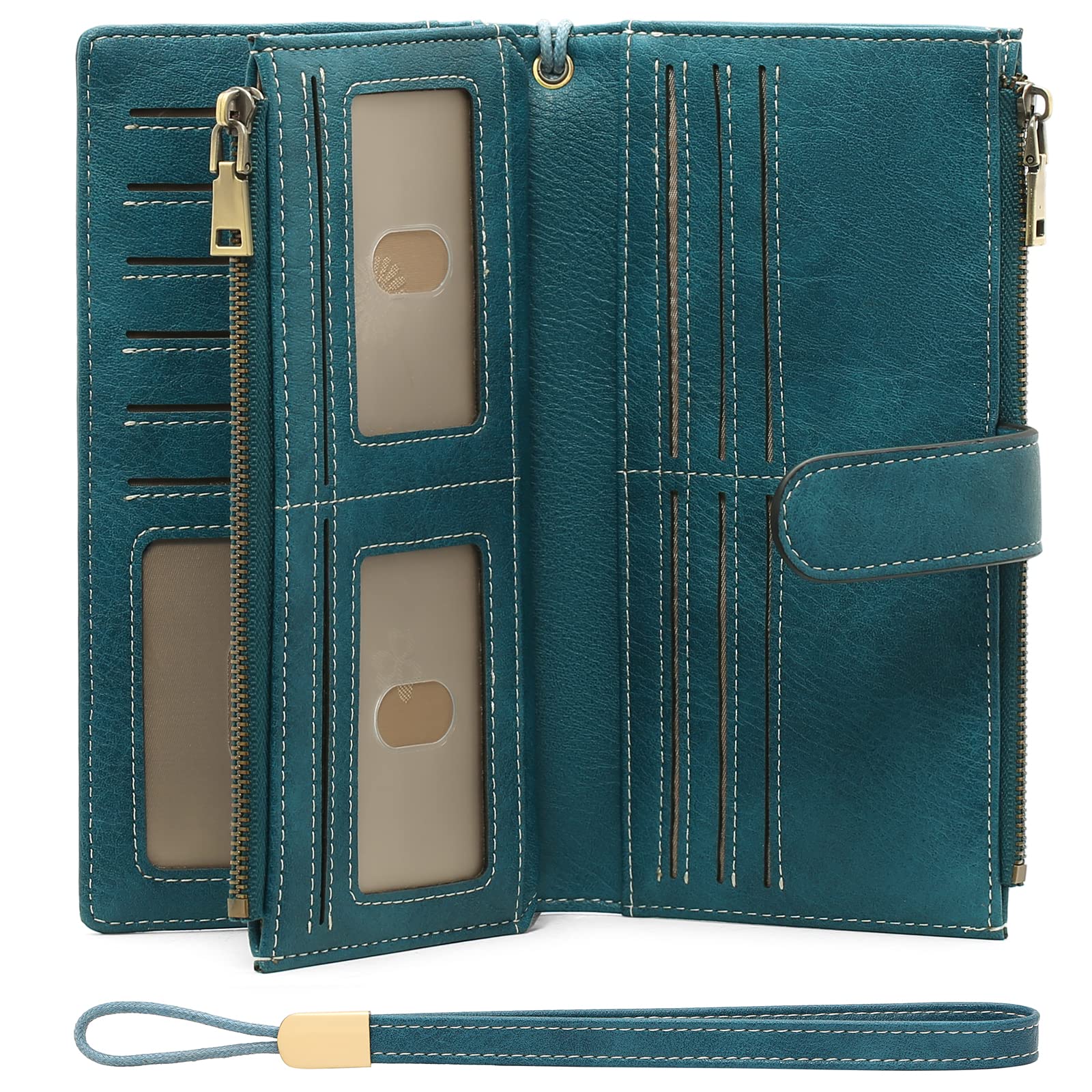 GOIACII Womens Wallets Large Capacity Credit Card Holder Rfid Wallet Women Double Zipper Pocket Leather Bifold Ladies Wristlet Clutch Wallet