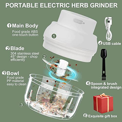 Andekas Electric Herb Grinder - 3.9"/3.4oz Large Capacity Grinder with USB Rechargeable and Brush, Perfect for Grinding Spices & Herbs (White)