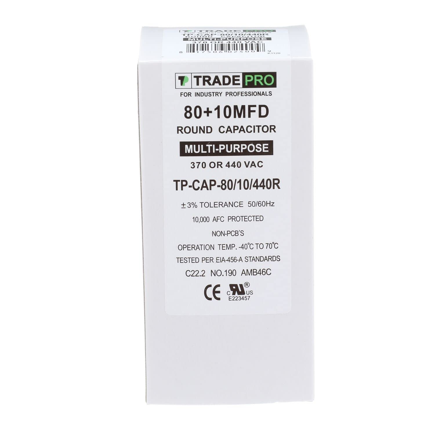 TRADEPRO (TP-CAP-80/10/440R) 80+10 MFD (Microfarads) 440 Volt Round Dual Run Capacitor | 60,000 Hour Operating Life, Aluminum Composition, -40°F to 158°F (-40°C to 70°C) Temperature Range