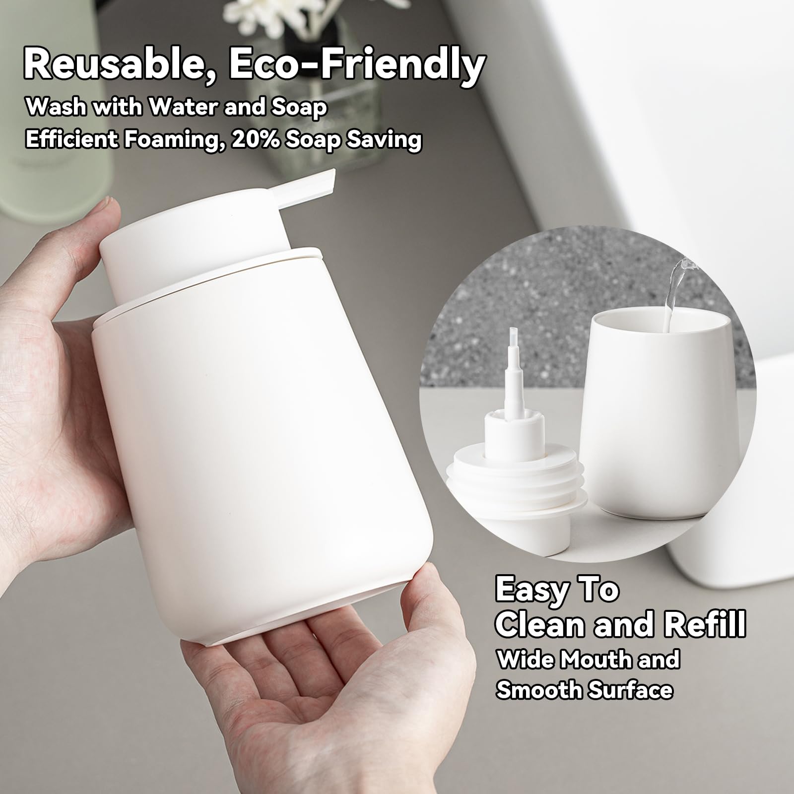 AZMOYAC Foaming Hand Soap Dispenser - White Ceramic Foam Soap Dispenser for Bathroom, Face Wash Dispenser Lotion Bottle with Foaming Pump, 12 Oz Refillable Dish Soap Dispenser for Kitchen