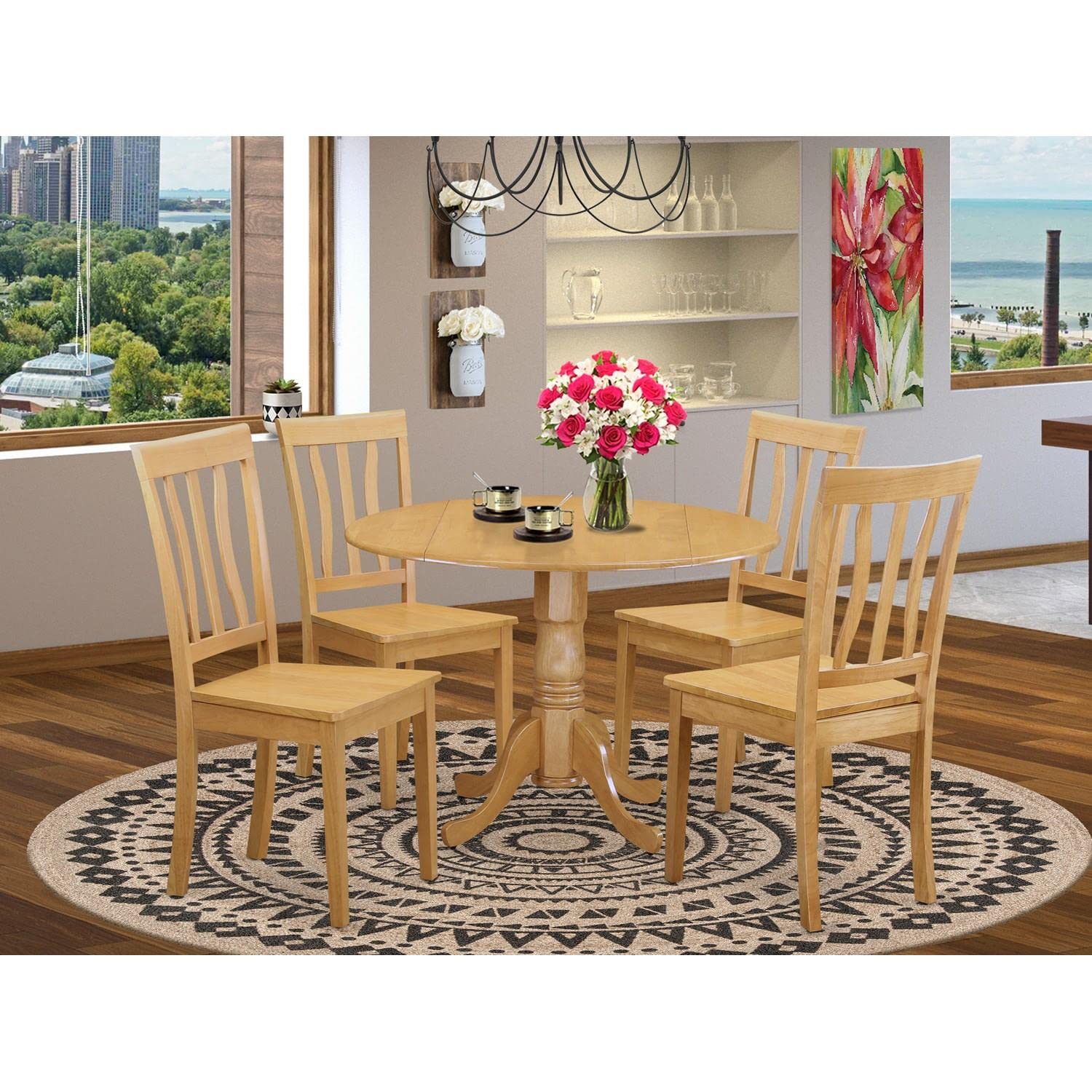 East West Furniture DLAN5-OAK-W 5 Piece Kitchen Table Set for 4 Includes a Round Dining Room Table with Dropleaf and 4 Solid Wood Seat Chairs, 42x42 Inch, Oak