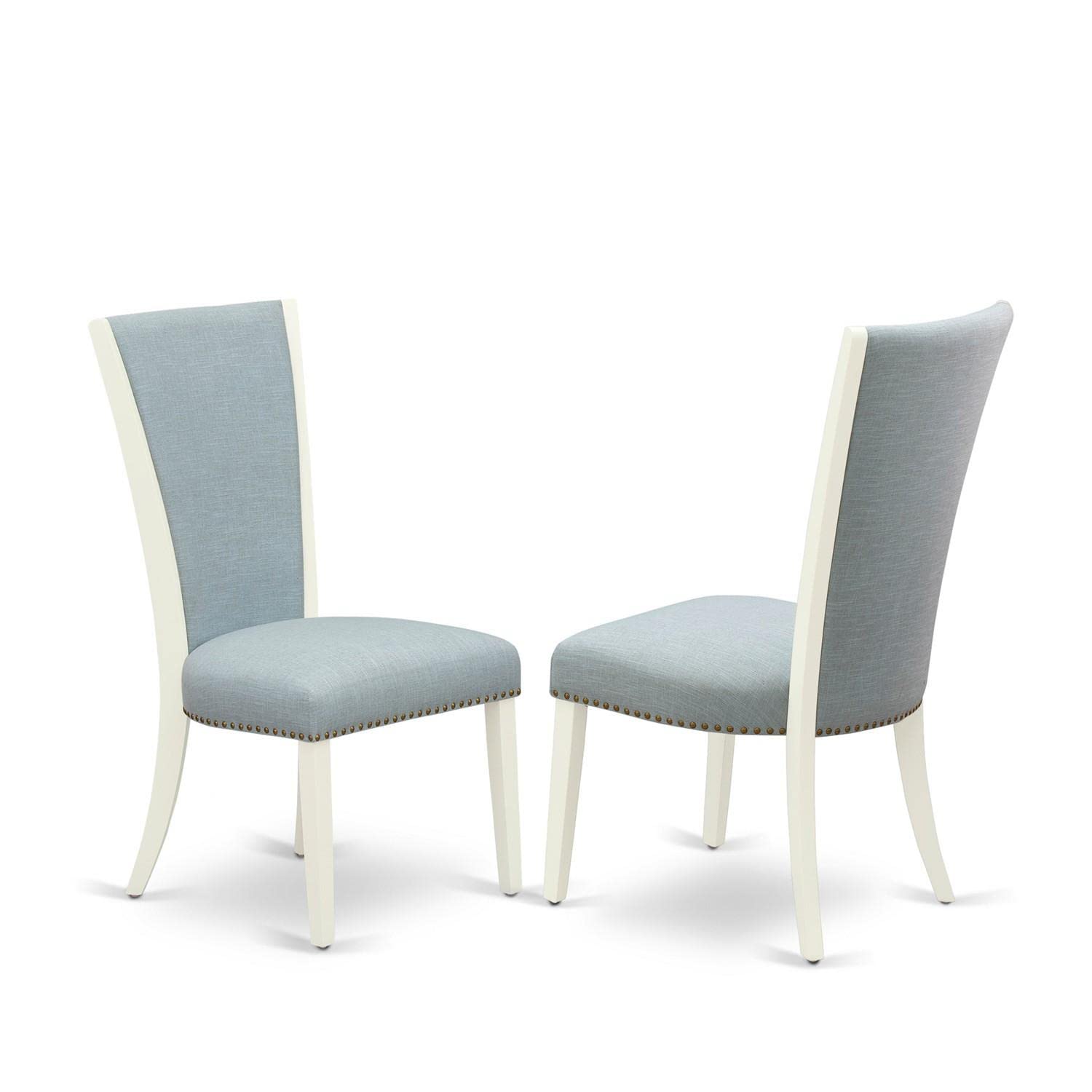 East West Furniture SUVE5-LWH-15 5 Piece Kitchen Table Set for 4 Includes a Round Dining Table with Dropleaf & Shelves and 4 Baby Blue Linen Fabric Parson Chairs, 42x42 Inch, Linen White
