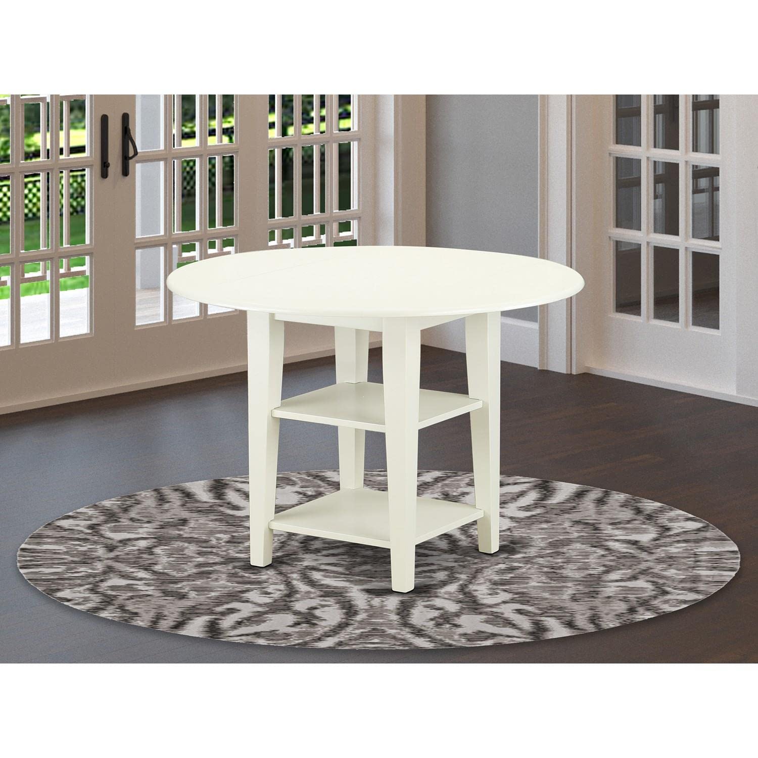 East West Furniture SUVE5-LWH-15 5 Piece Kitchen Table Set for 4 Includes a Round Dining Table with Dropleaf & Shelves and 4 Baby Blue Linen Fabric Parson Chairs, 42x42 Inch, Linen White