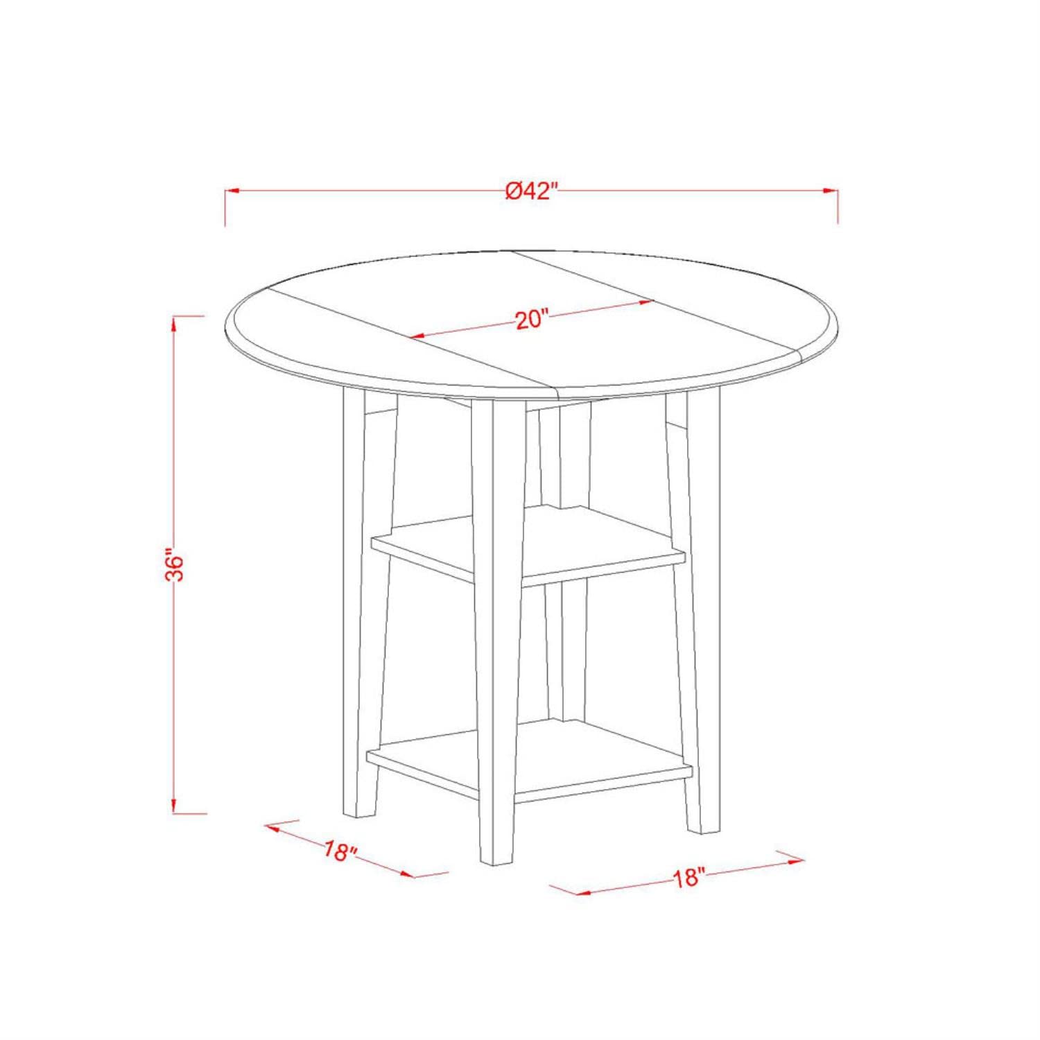 East West Furniture SUQU5H-BCH-W 5 Piece Counter Height Pub Set Includes a Round Dining Table with Dropleaf & Shelves and 4 Kitchen Chairs, 42x42 Inch, Black & Cherry