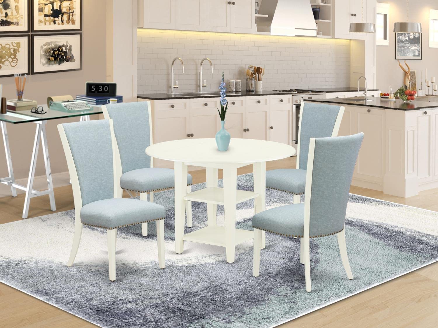 East West Furniture SUVE5-LWH-15 5 Piece Kitchen Table Set for 4 Includes a Round Dining Table with Dropleaf & Shelves and 4 Baby Blue Linen Fabric Parson Chairs, 42x42 Inch, Linen White