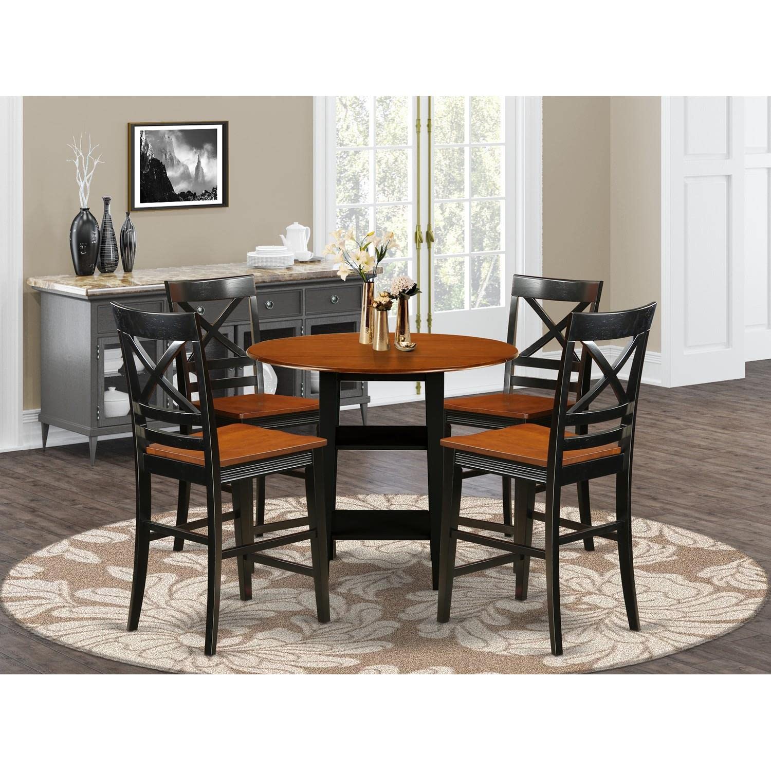 East West Furniture SUQU5H-BCH-W 5 Piece Counter Height Pub Set Includes a Round Dining Table with Dropleaf & Shelves and 4 Kitchen Chairs, 42x42 Inch, Black & Cherry