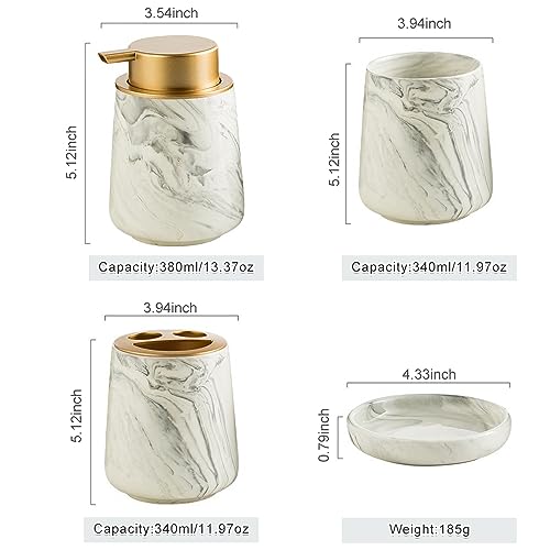YYW Ceremic Bathroom Accessory Set, 4 Pieces Complete Bath Decor Kit with Imitation Marble Pattern, Foaming Soap Dispenser, Toothbrush Holder, Tumbler and Soap Dish (Grey - 4 Piece Set)