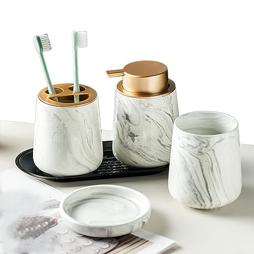 YYW Ceremic Bathroom Accessory Set, 4 Pieces Complete Bath Decor Kit with Imitation Marble Pattern, Foaming Soap Dispenser, Toothbrush Holder, Tumbler and Soap Dish (Grey - 4 Piece Set)