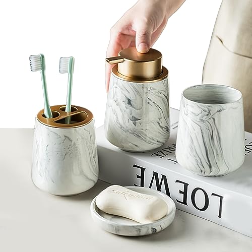 YYW Ceremic Bathroom Accessory Set, 4 Pieces Complete Bath Decor Kit with Imitation Marble Pattern, Foaming Soap Dispenser, Toothbrush Holder, Tumbler and Soap Dish (Grey - 4 Piece Set)