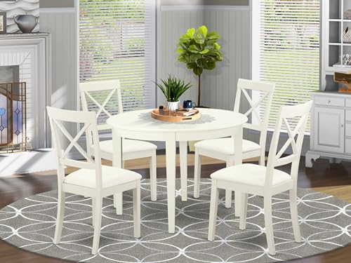 East West Furniture BOST5-LWH-LC 5 Piece Dining Set Includes a Round Dinner Table and 4 Faux Leather Kitchen Dining Chairs, 42x42 Inch, Linen White