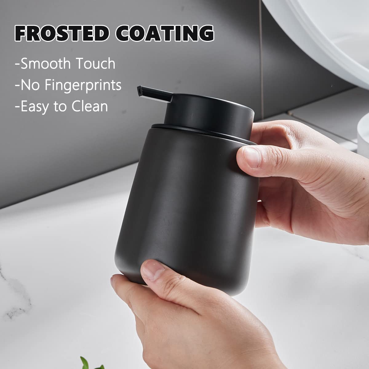 12Oz Black Foaming Soap Dispenser - Ceramic Foam Hand Soap Dispenser Set with Easy-to-Press Pump, Refillable Liquid Dish Soap Dispenser for Bathroom and Kitchen, 2 Pack