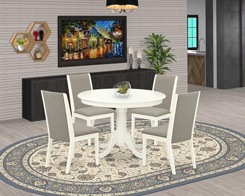East West Furniture HLLA5-LWH-06 5 Piece Dining Set Includes a Round Dining Room Table with Pedestal and 4 Shitake Linen Fabric Upholstered Parson Chairs, 42x42 Inch, Linen White