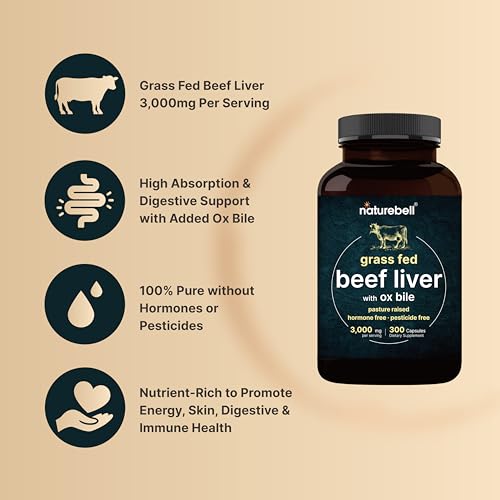 Grass Fed Beef Liver Capsules with Ox Bile, 3000mg Per Serving 300 Count | Natural Iron, Vitamin A & B12 | Supports Energy Production, Digestion & Immunity | Hormone & Pesticide Free