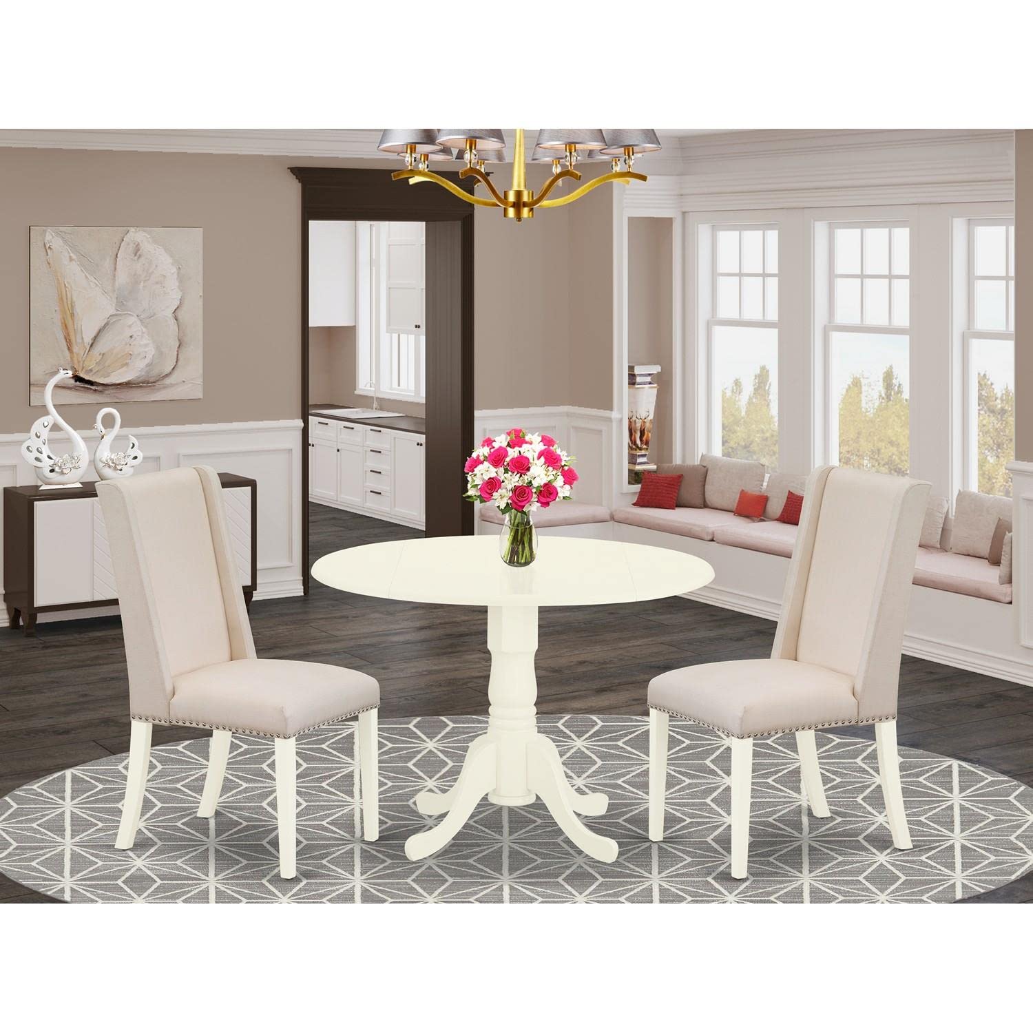 East West Furniture DLFL3-WHI-01 3 Piece Kitchen Table Set Contains a Round Dining Room Table with Dropleaf and 2 Cream Linen Fabric Upholstered Chairs, 42x42 Inch, Linen White