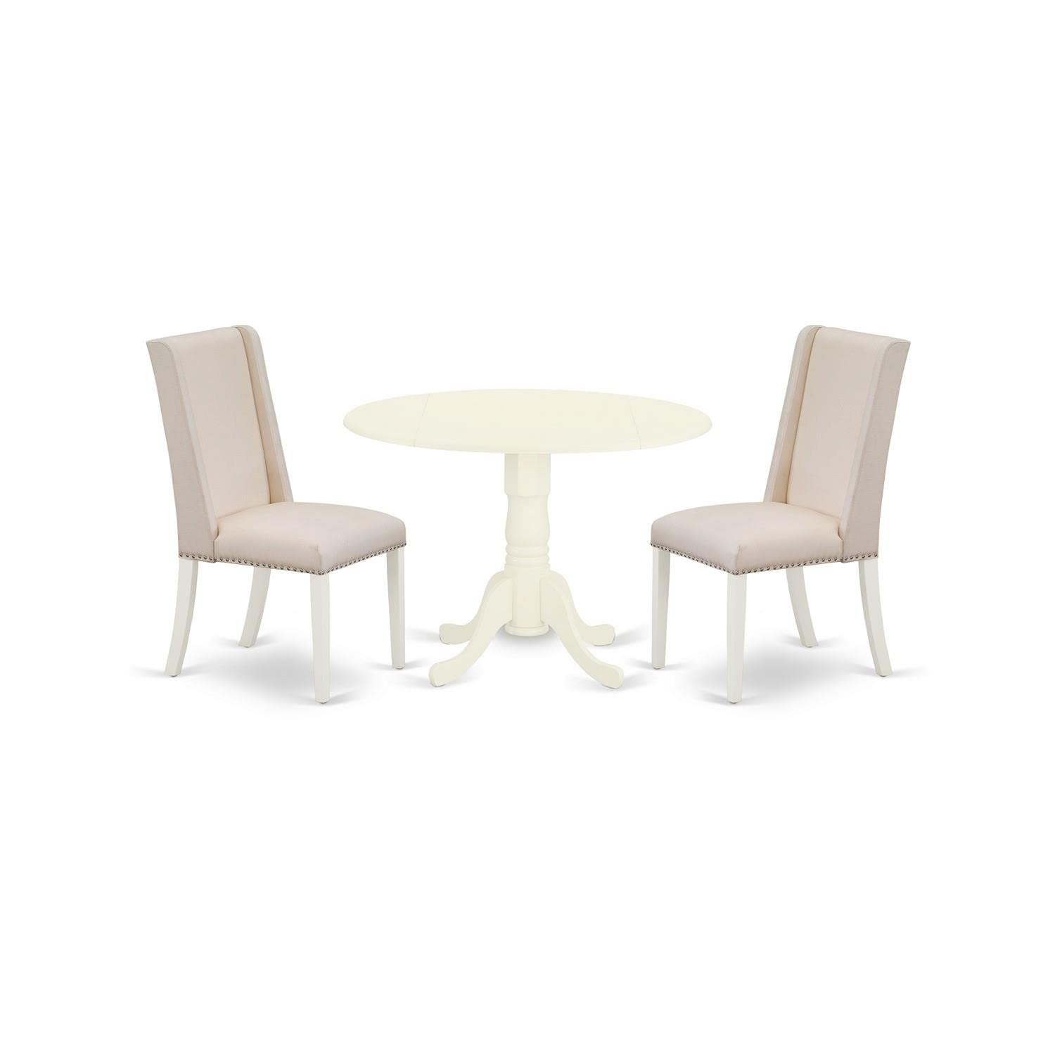 East West Furniture DLFL3-WHI-01 3 Piece Kitchen Table Set Contains a Round Dining Room Table with Dropleaf and 2 Cream Linen Fabric Upholstered Chairs, 42x42 Inch, Linen White