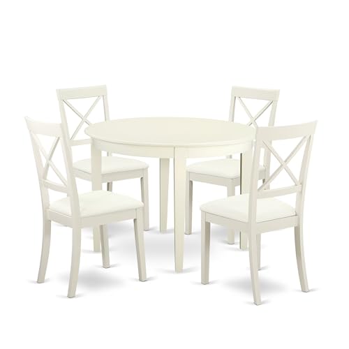 East West Furniture BOST5-LWH-LC 5 Piece Dining Set Includes a Round Dinner Table and 4 Faux Leather Kitchen Dining Chairs, 42x42 Inch, Linen White
