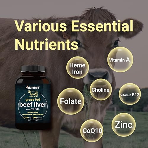 Grass Fed Beef Liver Capsules with Ox Bile, 3000mg Per Serving 300 Count | Natural Iron, Vitamin A & B12 | Supports Energy Production, Digestion & Immunity | Hormone & Pesticide Free