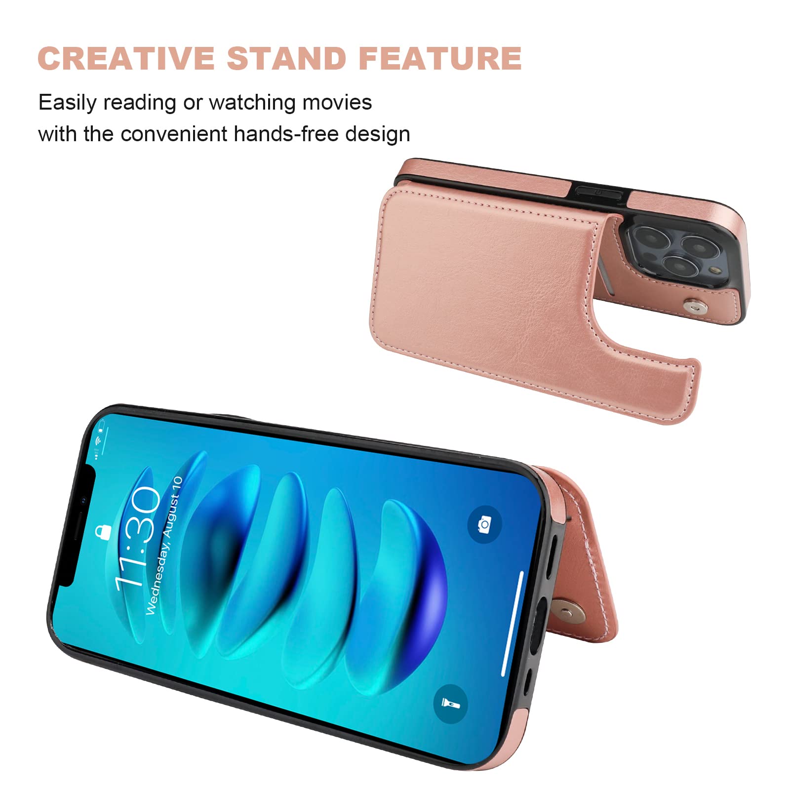 ONETOP Compatible with iPhone 14 Pro Wallet Case with Card Holder, PU Leather Kickstand Card Slots Case, Double Magnetic Clasp and Durable Shockproof Cover 6.1 Inch (Rose Gold)