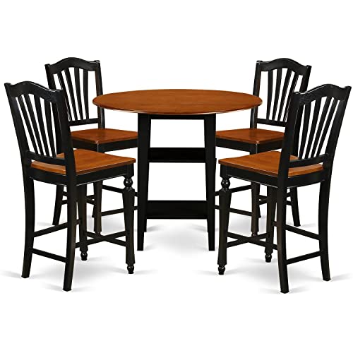 East West Furniture SUCH5H-BCH-W 5 Piece Counter Height Dining Set Includes a Round Pub Table with Dropleaf & Shelves and 4 Dining Room Chairs, 42x42 Inch, Black & Cherry