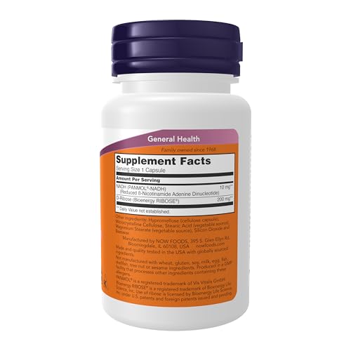 NOW Supplements, NADH (Reduced Nicotinamide Adenine Dinucleotide) 10 mg with 200 mg D-Ribose, 60 Veg Capsules