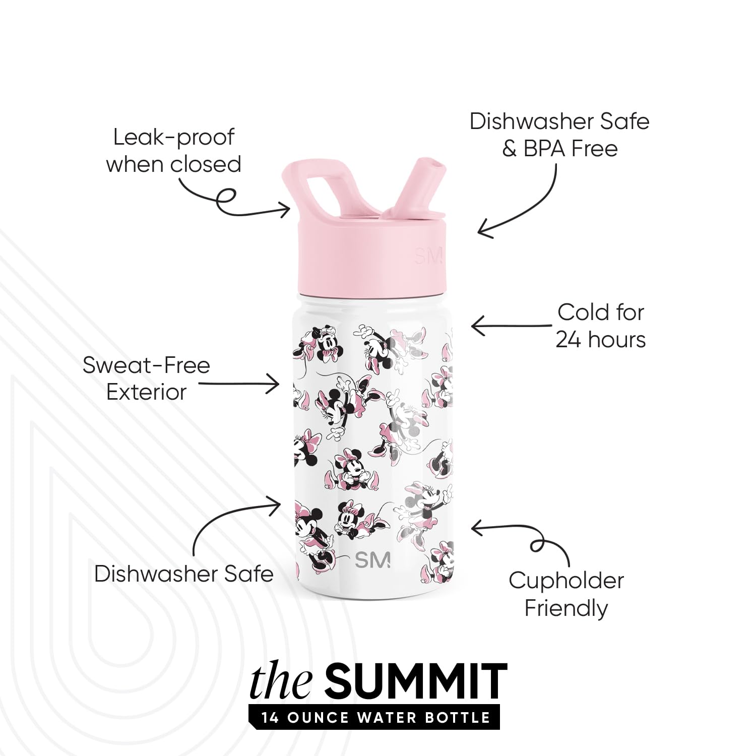 Simple Modern Disney Minnie Mouse Kids Water Bottle with Straw Lid | Reusable Insulated Stainless Steel Cup for Girls, School | Summit Collection | 14oz, Minnie Mouse Retro