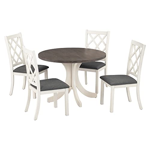 LIADTOP Modern, Mid-Century Solid Wood 5-Piece Set, 42'' Round Dining Table with 4 Upholstered Chairs for Small Places,Brown+Gray