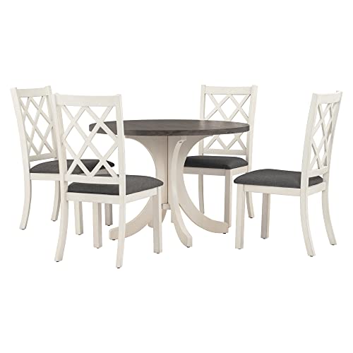 LIADTOP Modern, Mid-Century Solid Wood 5-Piece Set, 42'' Round Dining Table with 4 Upholstered Chairs for Small Places,Brown+Gray