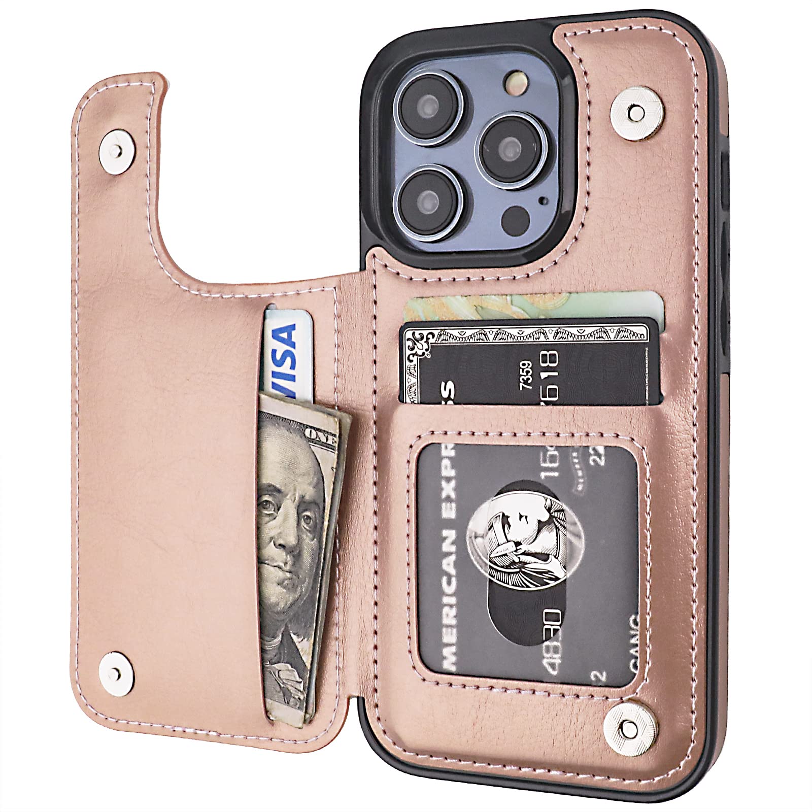 ONETOP Compatible with iPhone 14 Pro Wallet Case with Card Holder, PU Leather Kickstand Card Slots Case, Double Magnetic Clasp and Durable Shockproof Cover 6.1 Inch (Rose Gold)