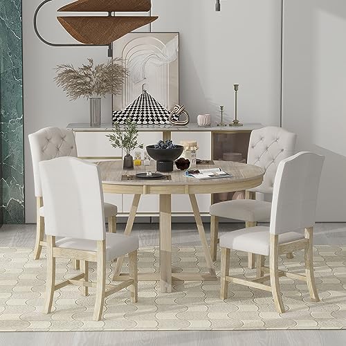 5 PCS Extendable Upholstered Dining Sets Include Round Table and 4 Chairs for Dining Room and Living Room ,More Functional Design with 16"W Butterfly Leaf Convertible to Oval Tabletop, Natural+Grey