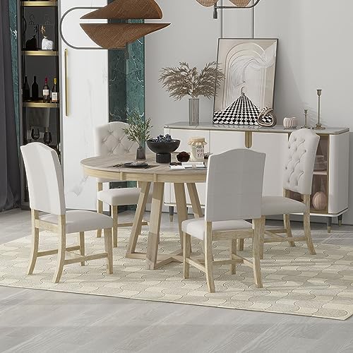 5 PCS Extendable Upholstered Dining Sets Include Round Table and 4 Chairs for Dining Room and Living Room ,More Functional Design with 16"W Butterfly Leaf Convertible to Oval Tabletop, Natural+Grey