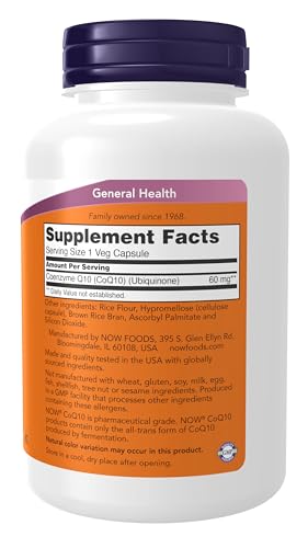 NOW Foods Supplements, CoQ10 60 mg, Pharmaceutical Grade, All-Trans Form of CoQ10 Produced by Fermentation, 180 Veg Capsules