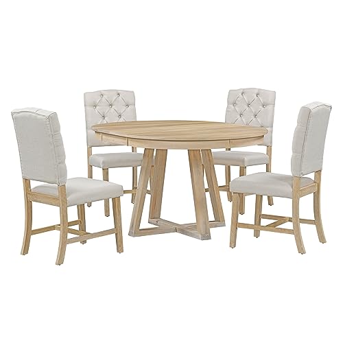 5 PCS Extendable Upholstered Dining Sets Include Round Table and 4 Chairs for Dining Room and Living Room ,More Functional Design with 16"W Butterfly Leaf Convertible to Oval Tabletop, Natural+Grey