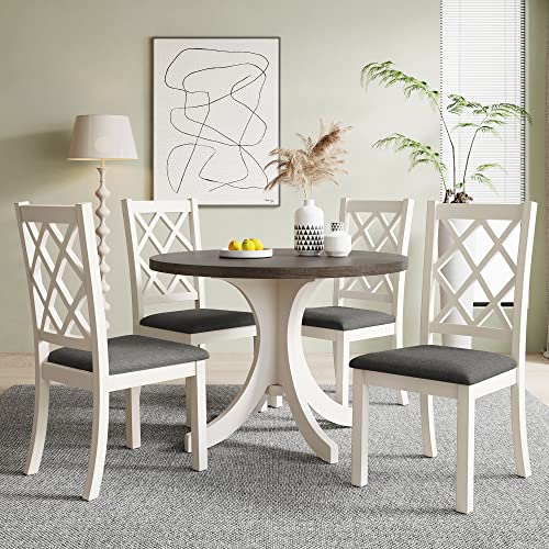 LIADTOP Modern, Mid-Century Solid Wood 5-Piece Set, 42'' Round Dining Table with 4 Upholstered Chairs for Small Places,Brown+Gray