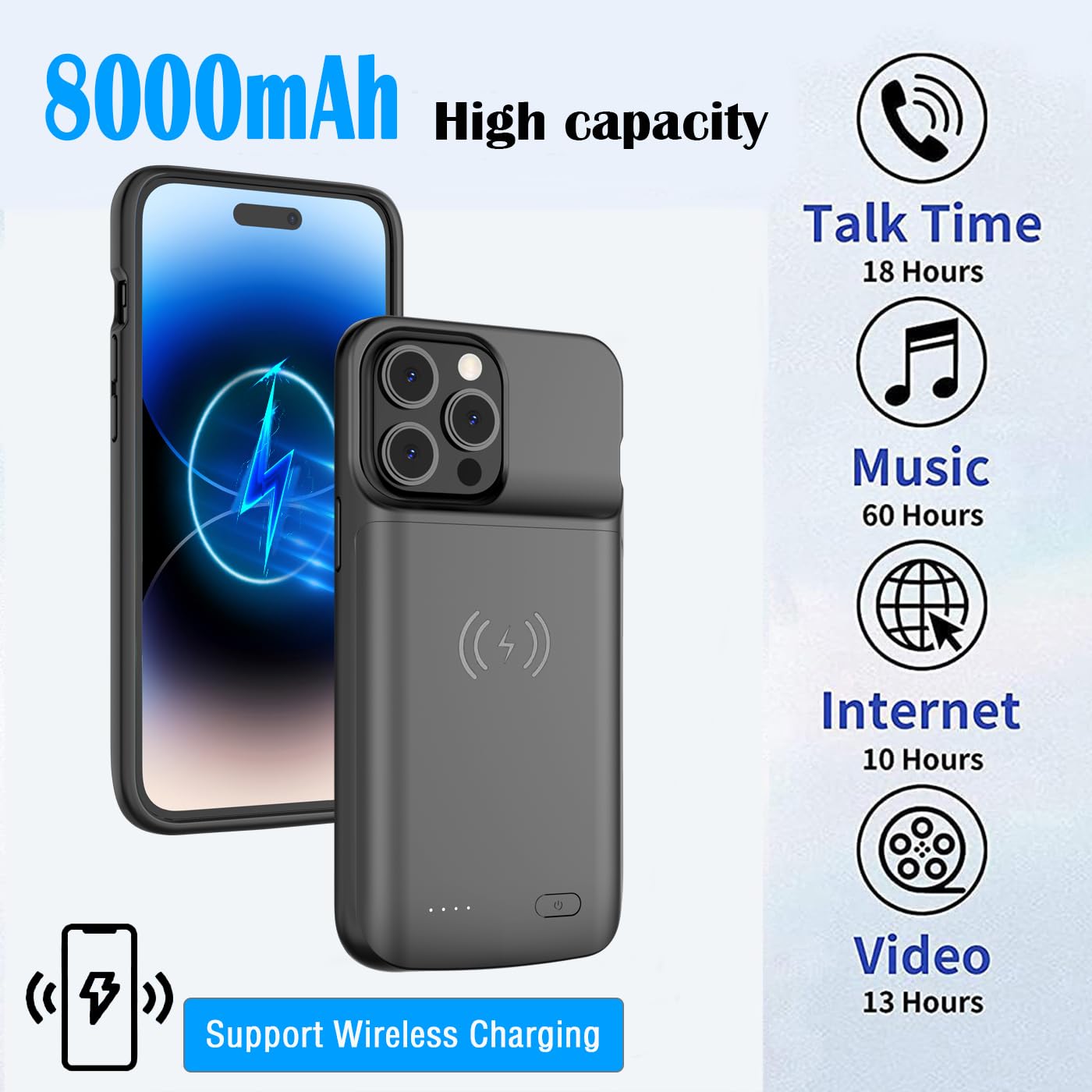 Battery Case for iPhone 14 Pro Max and 14 Plus (6.7 in) Qi Wireless Charging - Slim Extended 8000mAh Backup Rechargeable Charging with Expansion for iPhone 14/13/12 Pro Max and 14 Plus, Black