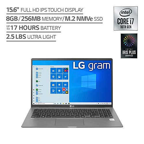 LG gram 15Z90N-Laptop 15.6" IPS Ultra-Lightweight, (1920 x 1080), 10th Gen Intel Core i7 , 8GB-RAM, 256B SSD, Windows 10 Home, 17 Hour-Battery, USB-C, HDMI, -Headphone input - Silver
