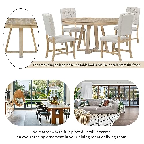 5 PCS Extendable Upholstered Dining Sets Include Round Table and 4 Chairs for Dining Room and Living Room ,More Functional Design with 16"W Butterfly Leaf Convertible to Oval Tabletop, Natural+Grey