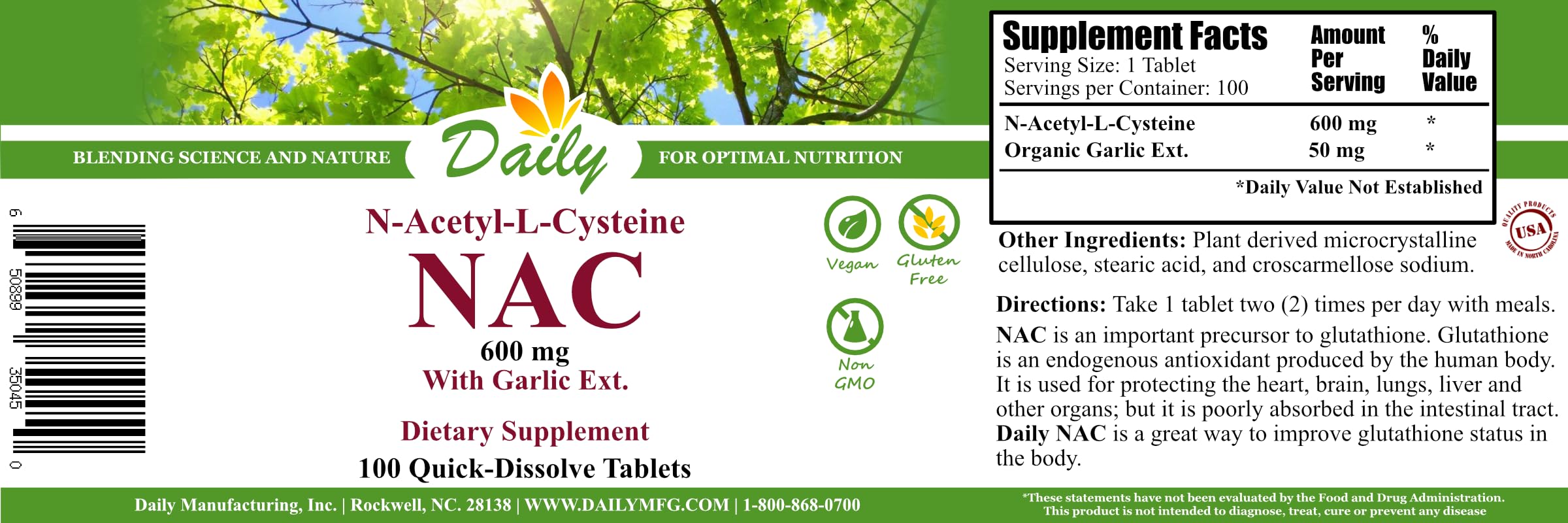 Daily NAC (N-Acetyl-L-Cysteine & Organic Garlic Extract) Tablet - Immune Support Herbal Supplement, Vegan, Quick Dissolve - 1 Bottle