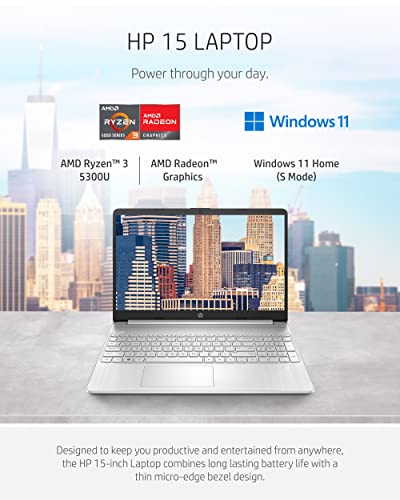 HP 15" Laptop, AMD Ryzen 3 5300U Processor, AMD Radeon Graphics, 256 SSD, Windows 11 Home in S Mode (15-ef2010nr, Natural Silver)