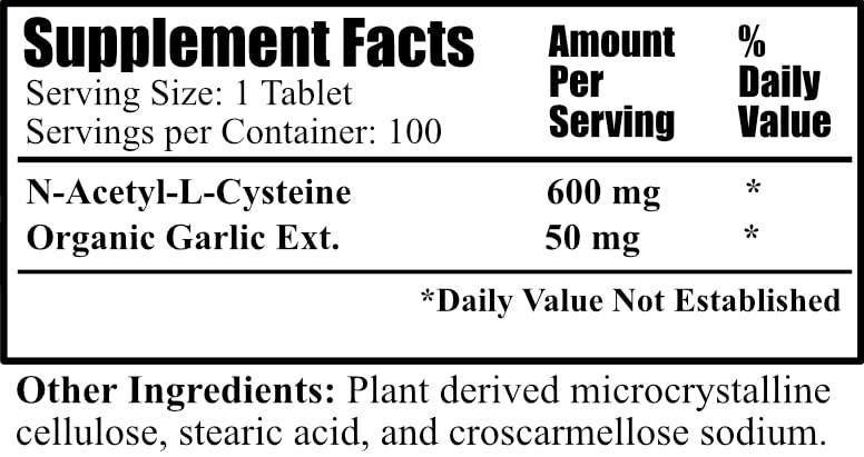 Daily NAC (N-Acetyl-L-Cysteine & Organic Garlic Extract) Tablet - Immune Support Herbal Supplement, Vegan, Quick Dissolve - 1 Bottle
