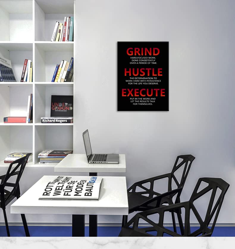 Motivational Canvas Wall Art Grind Hustle Execute Painting Office Decor Posters Prints Inspirational Entrepreneur Quotes Picture for Wall Decor Living room Gym Framed Ready to Hang[18"W x 24"H]