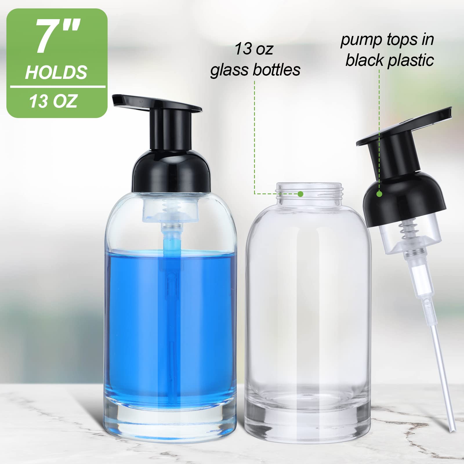 Eccliy 4 Pack 13 Oz Clear Glass Jar Soap Dispenser with Foaming Pump, Clear Thick Hand Liquid Dish Soap Dispenser Round Bottles for Bath Home Kitchen Oil Lotion(Clear)