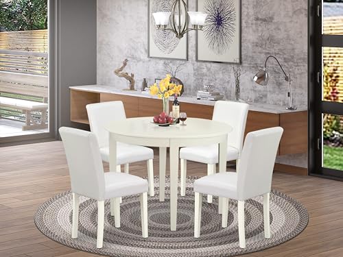 East West Furniture BOAB5-LWH-64 5 Piece Dining Table Set for 4 Includes a Round Kitchen Table and 4 White Faux Leather Upholstered Parson Chairs, 42x42 Inch, Linen White