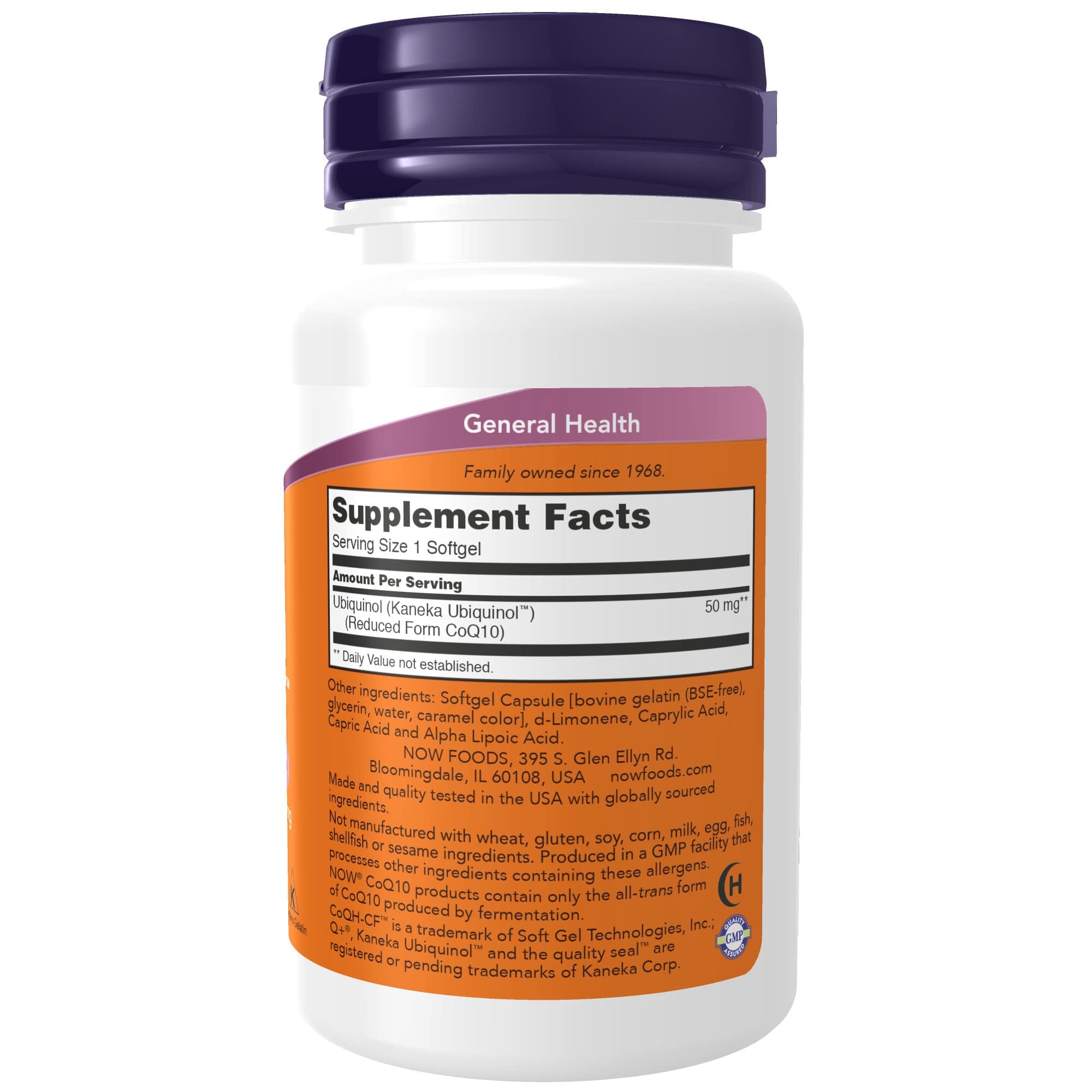 NOW Foods Supplements, Ubiquinol CoQH-CF™ (the Active Form of CoQ10 - 50 mg with Superior Bioavailability), 60 Softgels