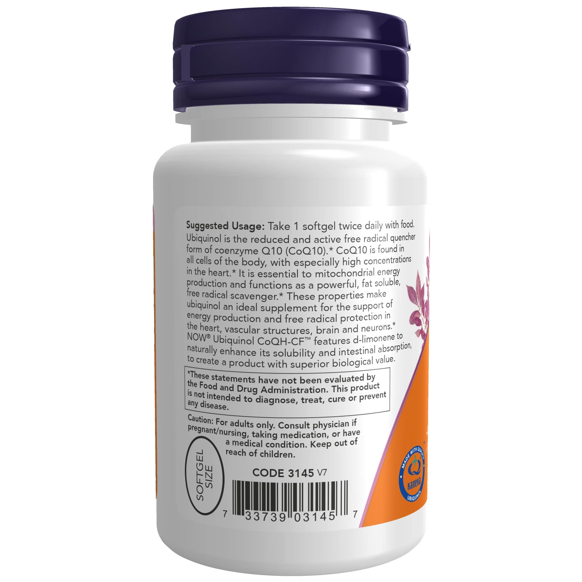 NOW Foods Supplements, Ubiquinol CoQH-CF™ (the Active Form of CoQ10 - 50 mg with Superior Bioavailability), 60 Softgels