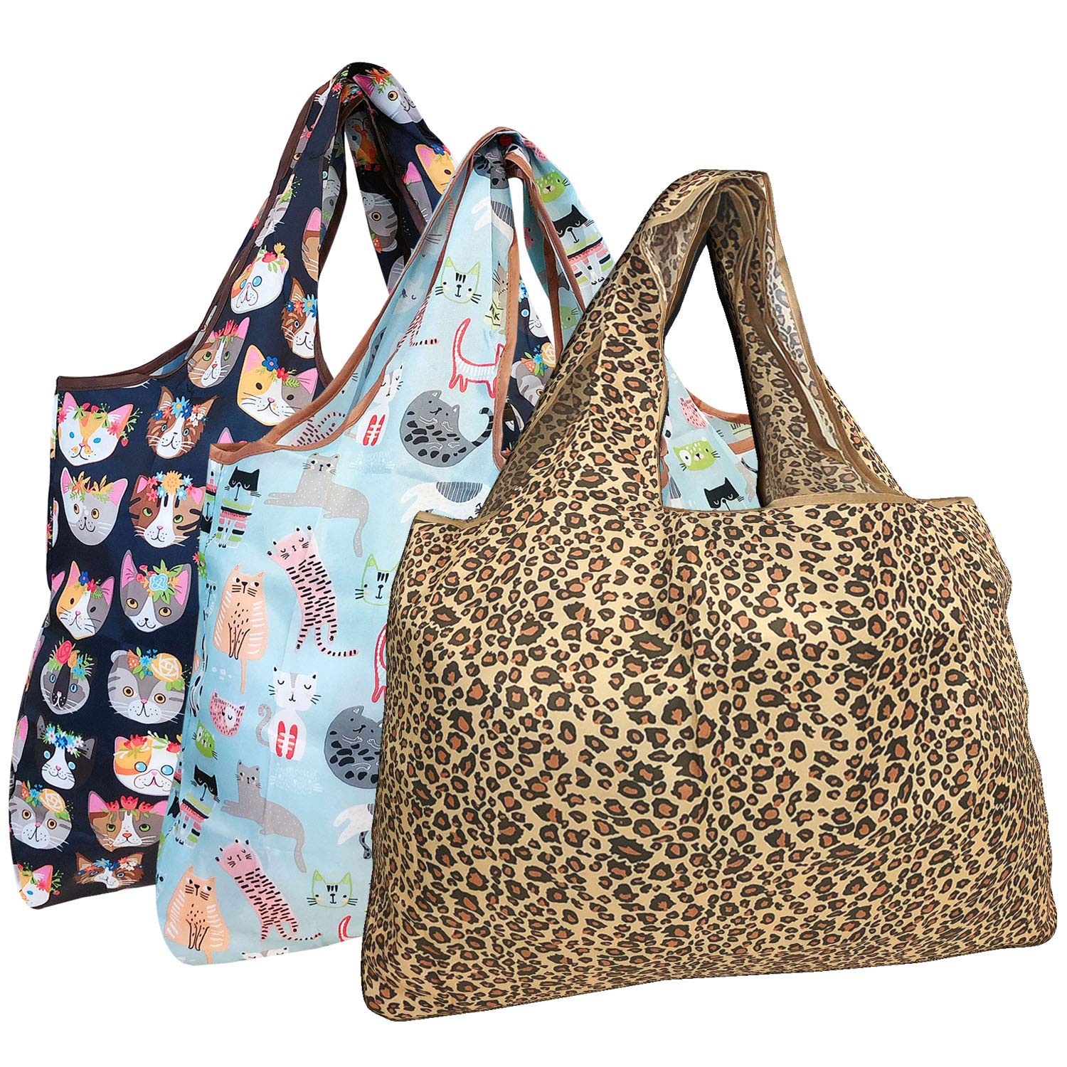 allydrew Large Foldable Tote Nylon Reusable Grocery Bag, 3 Pack, Felines