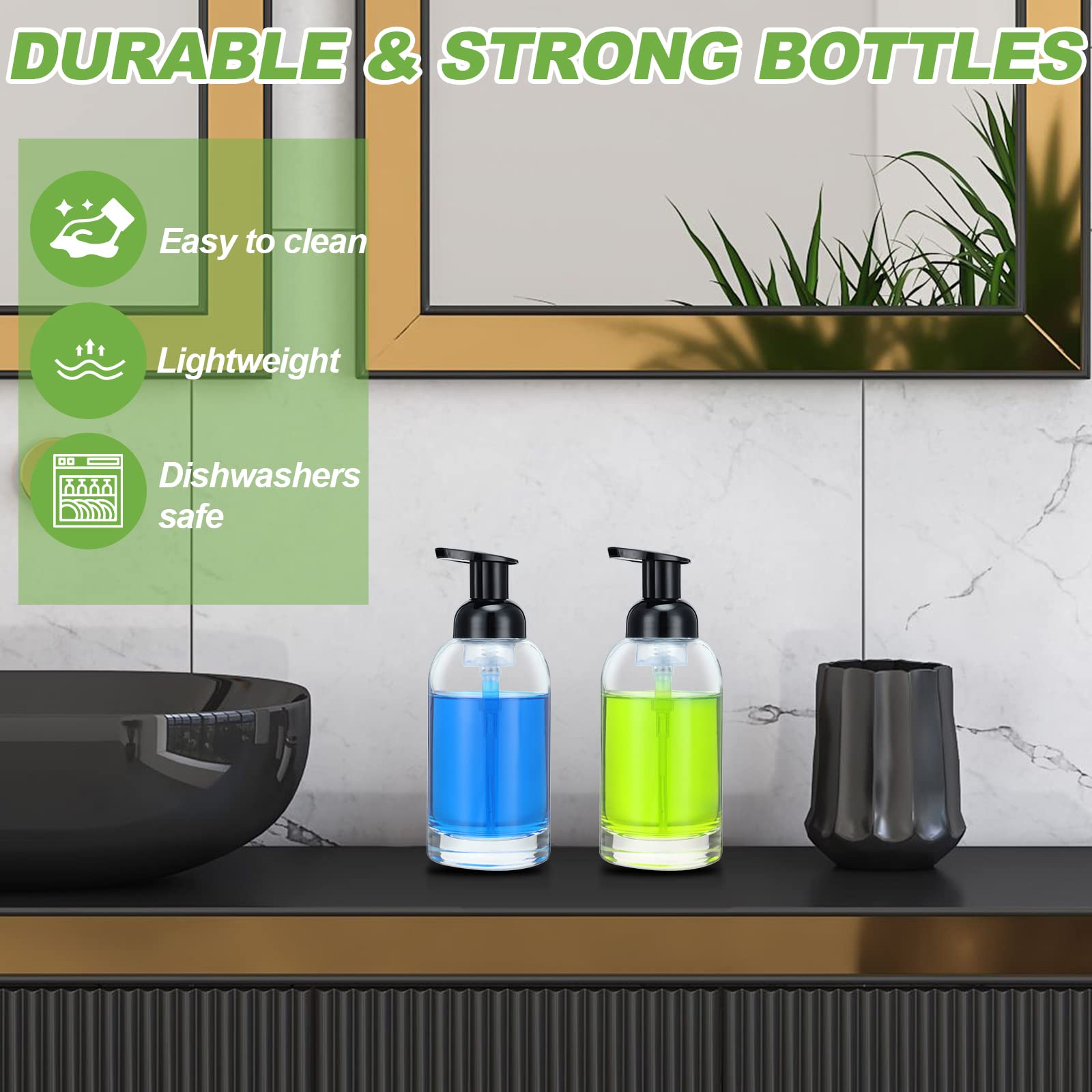 Eccliy 4 Pack 13 Oz Clear Glass Jar Soap Dispenser with Foaming Pump, Clear Thick Hand Liquid Dish Soap Dispenser Round Bottles for Bath Home Kitchen Oil Lotion(Clear)